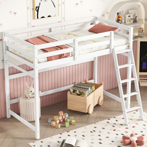 Twin Size High Loft Bed With Inclined Ladder And Guardrails, White ...