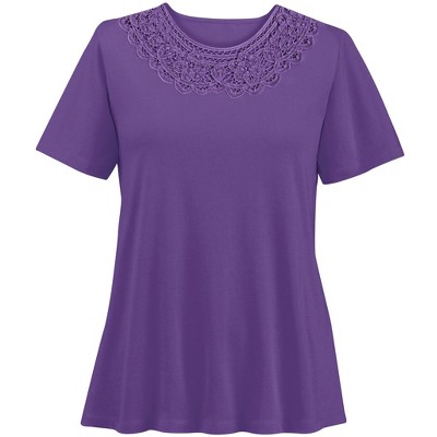 Collections Etc Lace & Cut-out Trimmed Easy-fit Short Sleeve Top Large ...