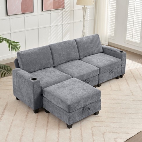 Hyleory 91" Modern Chenille Fabric Sectional Sofa With Ottoman For ...