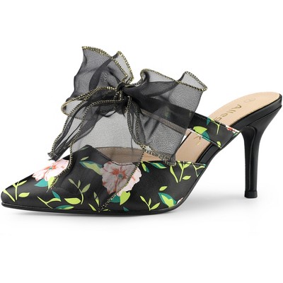 Allegra K Women's Floral Printed Lace Strap Stiletto Heels Mules Black ...