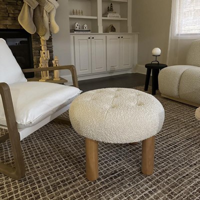 Kessler Round Tufted Faux Shearling Ottoman With Wood Legs Cream ...
