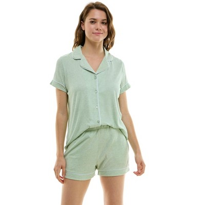 Jaclyn Short Sleeve Ribbed Notched Collar Top & Shorts 2 Piece Pajama ...