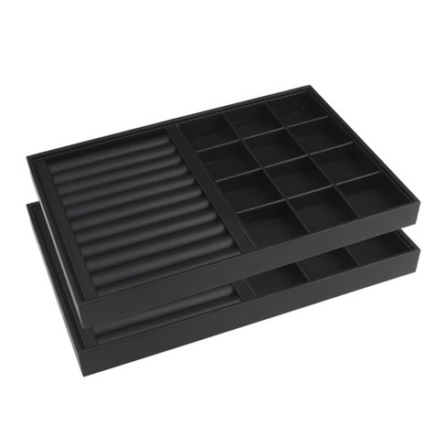 Unique Bargains Pu Leather Stackable Black Jewelry Organizer Trays With Removable Dividers Set ...