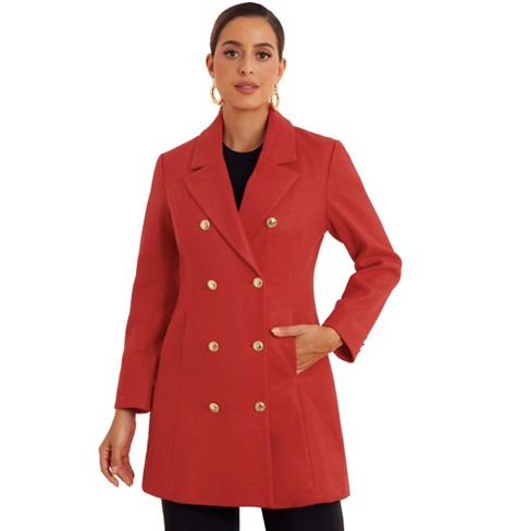 Allegra K Women's Winter Overcoat Notch Lapel Double Breasted Coats Red ...