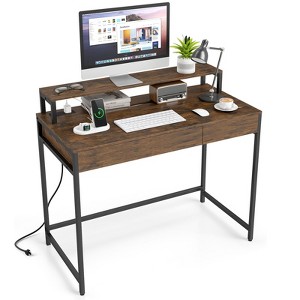 Costway Computer Desk with Power Outlets, Compact Office Desk with ...