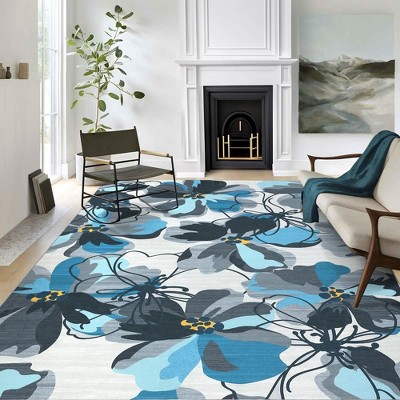 Modern Bright Floral Ultra-thin Non-slip Washable Area Rugs, Blue//grey ...