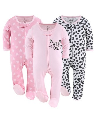 The Peanutshell Footed Baby Sleepers For Girls, Cheetah & Pink Hearts ...