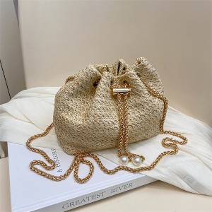 Women's Straw Woven Bucket Bag, Drawstring Crossbody Purse with Pearl ...