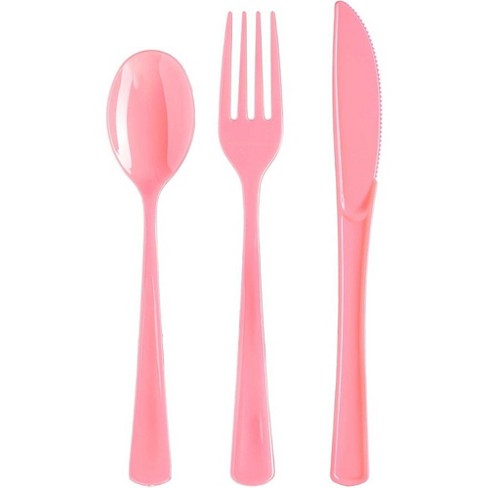 Exquisite Pink Plastic Utensil Cutlery Set Forks Spoons Knives- 150 ...