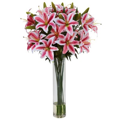 Nearly Natural Rubrum Lily With Large Cylinder Floral Arrangement : Target