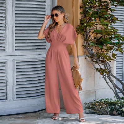 Women's Breezy Crinkled Chiffon Surplice Neckline Wide Leg Jumpsuit ...