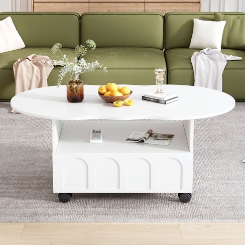 Coffee Table With 2 Brake Wheels, Side Table With Drawer, Irregular ...