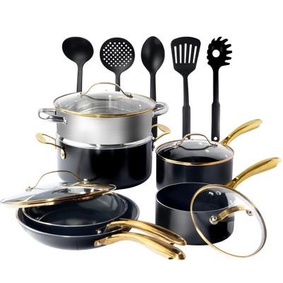 Gotham Steel Black 15 Piece Ultra Nonstick Ceramic Cookware Set With ...