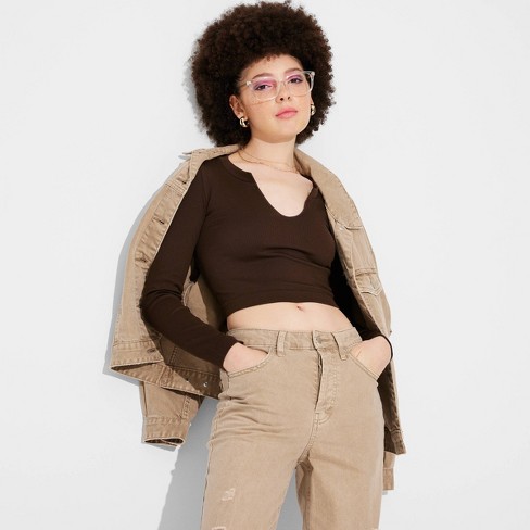 Women's Long Sleeve V-neck Seamless Notched Top - Wild Fable™ Dark ...