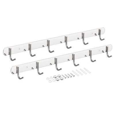 Unique Bargains Stainless Steel Wall Mounted Durable Waterproof Coat Hook Rack 2 Pcs 6 Hooks ...