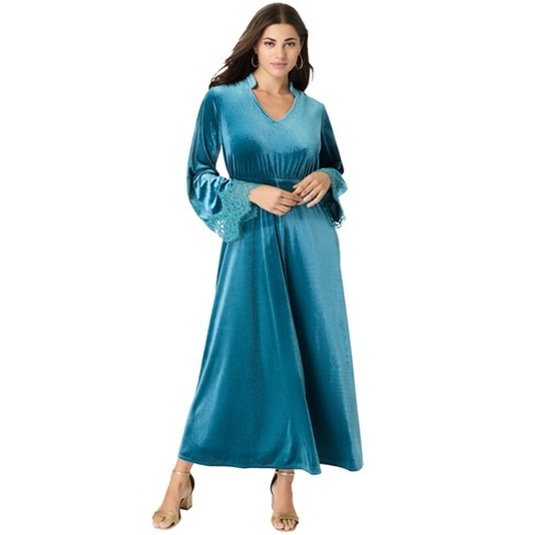 Roaman's Women's Plus Size Lace-trim Velour Maxi Dress - 12, Teal : Target