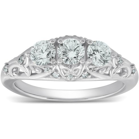 Pompeii3 1ct Three Stone Vintage Engagement Ring 14k White Gold - Size ...