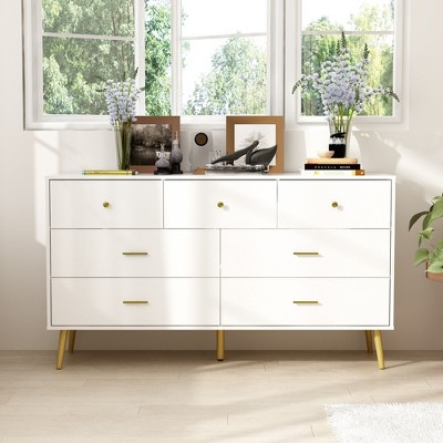 Hitow White Modern 7 Drawer Horizontal Dresser Gold Metal Legs : Target