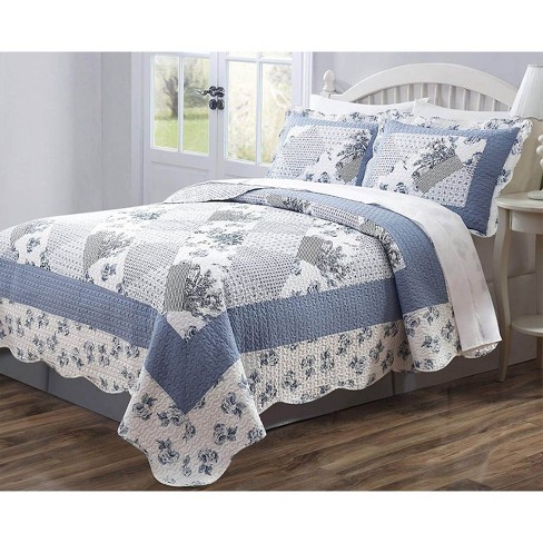 Legacy Decor 3 Pcs Quilt Bedspread Coverlet Blue And White Floral ...