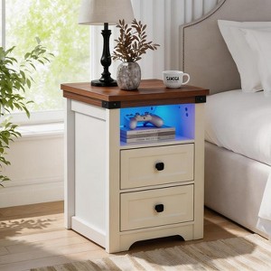 Farmhouse Side Table with Charging Station, White Nightstand with ...