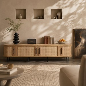 Polibi Modern TV Stand with 4 Rattan Doors, Cable Holes for TVs up to ...