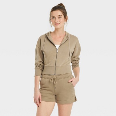Women's Cropped Full Zip Hoodie Sweatshirt - Universal Thread™ Brown L ...