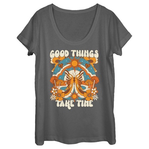 Women's Lost Gods Good Things Take Time Butterfly Scoop Neck - Charcoal ...