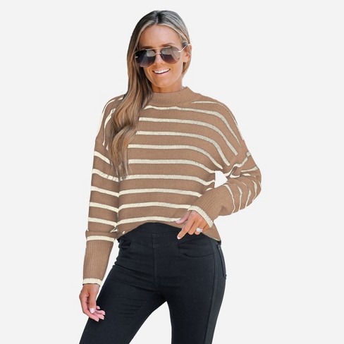 Women's Striped Turtleneck Drop Sleeve Sweater -cupshe-xl-yellow : Target