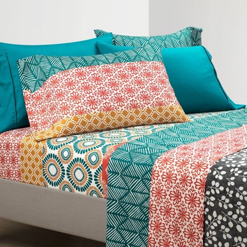 King 6pc Bohemian Stripe Patterned Sheet Set Turquoise orange Lush Decor Microfiber 225 Thread Count Includes Pillowcases Target