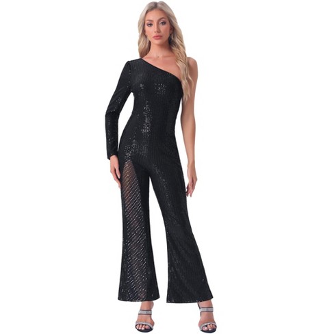 Inspire Chic Women's One-shoulder See Through Wide Legs Party Sequin ...