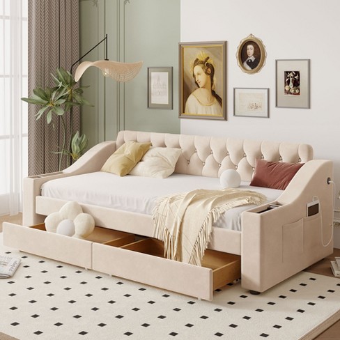 Twin Size Upholstered Daybed With Storage Armrests And Usb Port, Beige ...