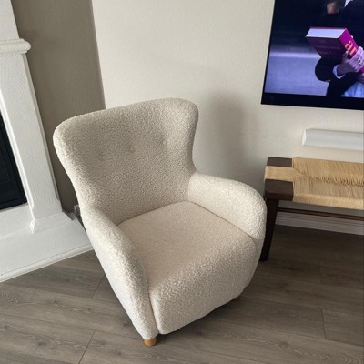 Kessler Round Tufted Faux Shearling Ottoman With Wood Legs Cream ...