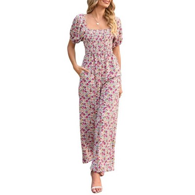 Women's Summer Smocked Jumpsuits Casual Square Neck Short Sleeve High ...