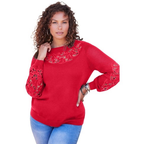 Roaman's Women's Plus Size Cutout Pullover Sweater - 18/20, Vivid Red ...