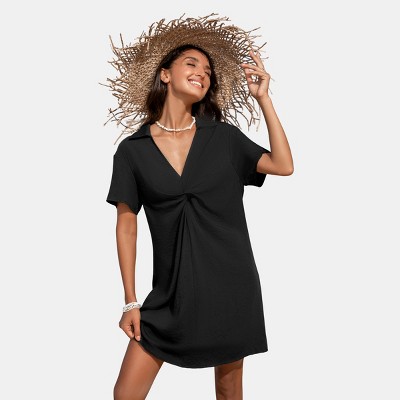 Women's Twist Front Collared Cover Up Dress -cupshe-s-black : Target