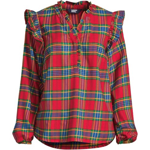 Lands' End Women's Ruffle Front Flannel Popover Blouse - Large - Red ...