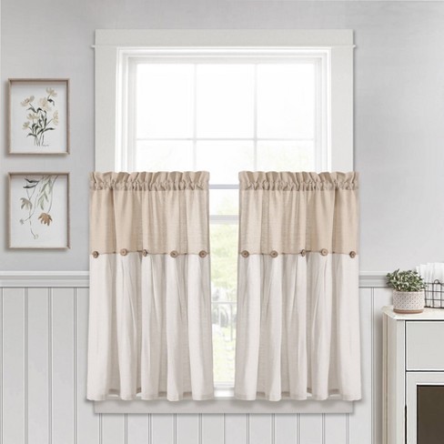 Set Of 2 (36"x29") Farmhouse Linen Button Kitchen Curtain Tiers Beige ...