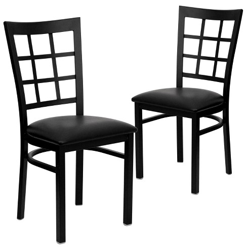Emma and Oliver 2 Pack Black Window Back Metal Restaurant Chair Black Vinyl Seat