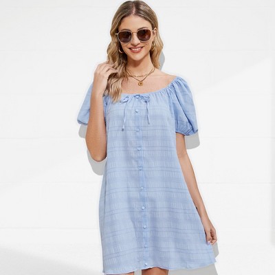 Womens Button Down Dress Elastic Neckline Lantern Sleeve Sundress Short ...