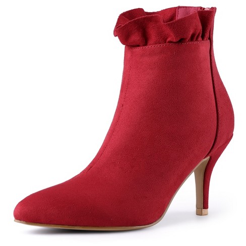 Allegra K Women's Pointed Toe Stiletto Heel Ruffle Ankle Boots Red 6 ...