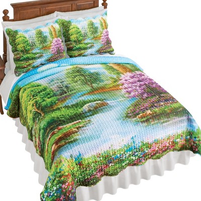 Collections Etc Vibrant Spring Scene Scalloped Edge Quilt Full/queen ...