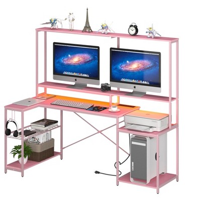 Bestier 71.5 Inch L-shaped Computer Desk With Power Outlets Pink : Target