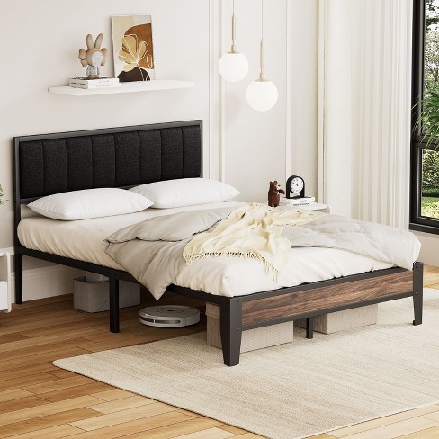 Lusimo Full Bed Frame Basic Metal Platform Bed with Upholstered Headboard Black