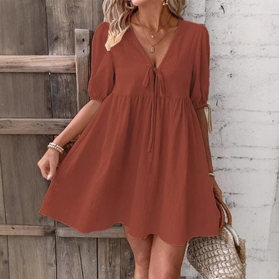 Summer Dresses for Women Casual V Neck Bow Tie Short Sleeve Empire ...