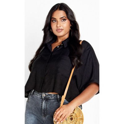 Women's Plus Size Crop Izzy Drop Shoulders Collared Shirt - Black ...