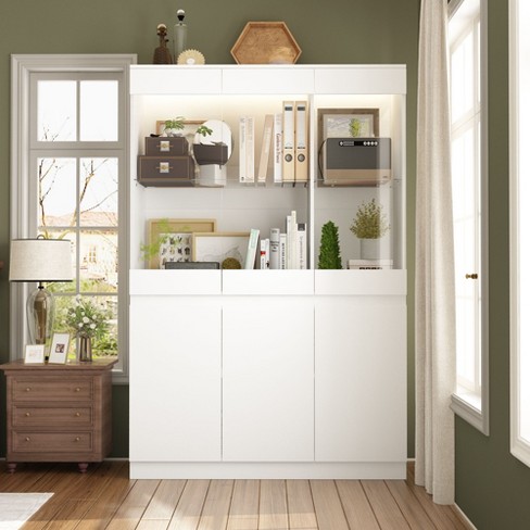 Famapy White Modular Kitchen Pantry Cabinet With Light & Glass Doors ...