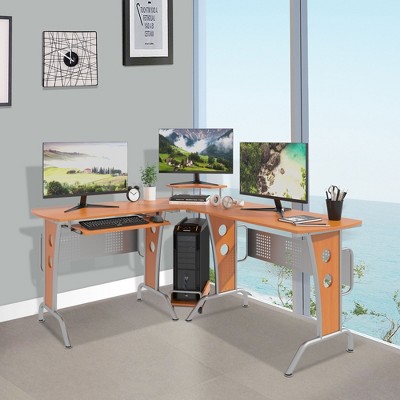 Homcom L-shaped Corner Computer Office Desk Workstation With Elevated ...
