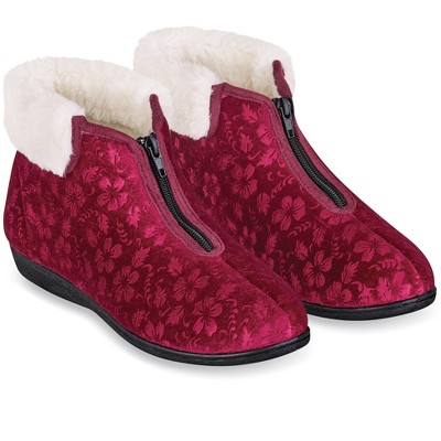 Collections Etc Faux Fur Trimmed Zip-front Velvet Bootie Slippers ...