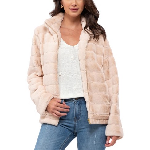 August Sky Women's Faux Fur Collared Puffer Jacket - Beige, Large : Target