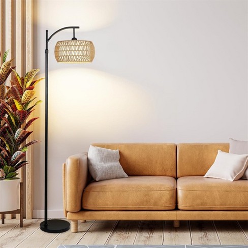 Arc Floor Lamp With 3 Color Temperatures Boho Standing Lamp With Rattan Fabric Shades Farmhouse Tall Lamp For Living Room Bedroom Target